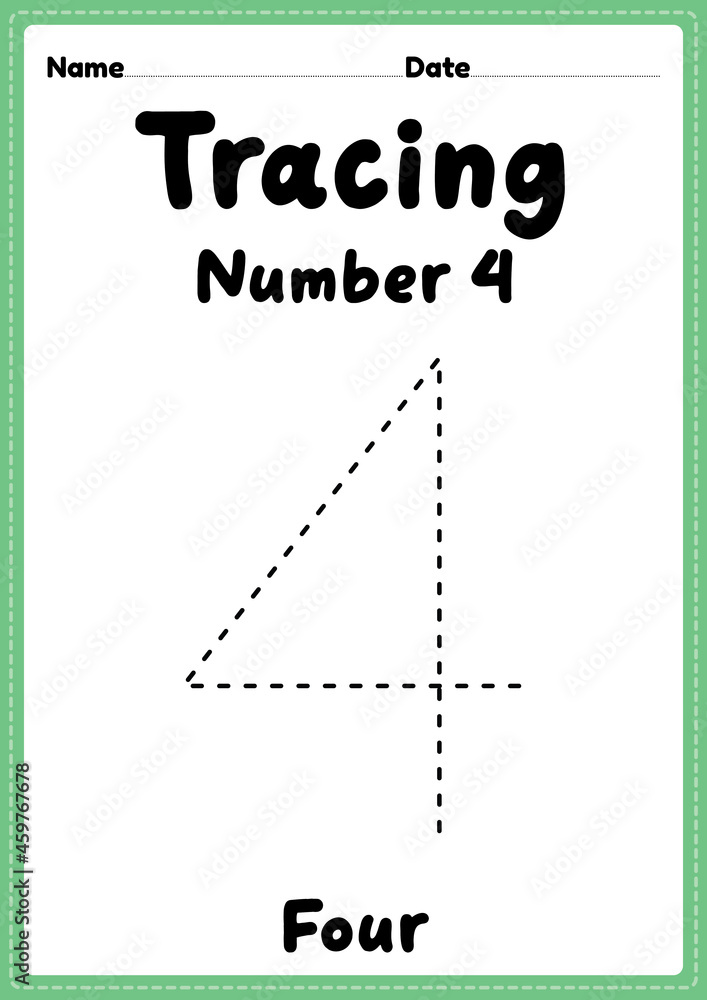 Tracing number 4 worksheet for kindergarten, preschool and Montessori ...
