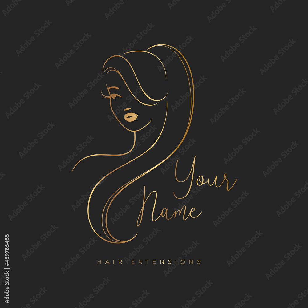 Hair extensions logo with gold color. Elegant silhouette of a girl with ...