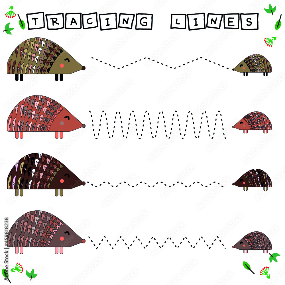 Tracing lines game with funny animals hedgehog. Worksheet for preschool ...