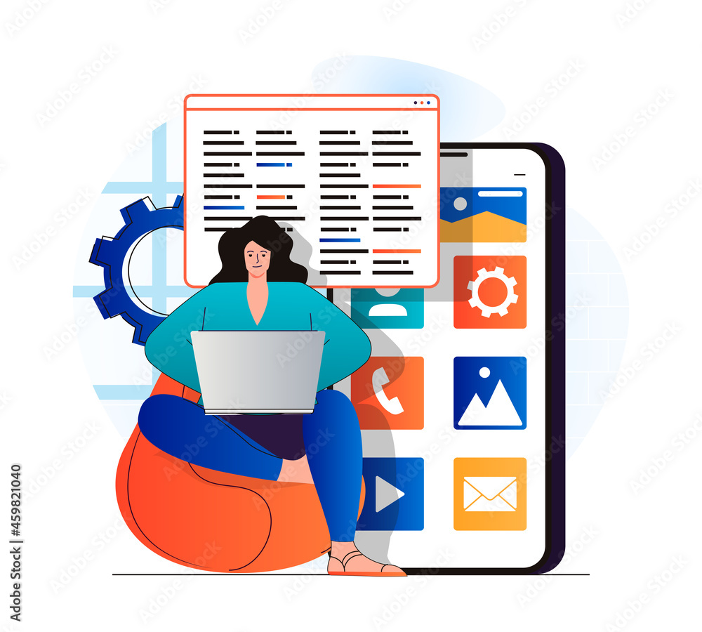 Vector de Stock App development concept in modern flat design. Woman developer works on laptop ...