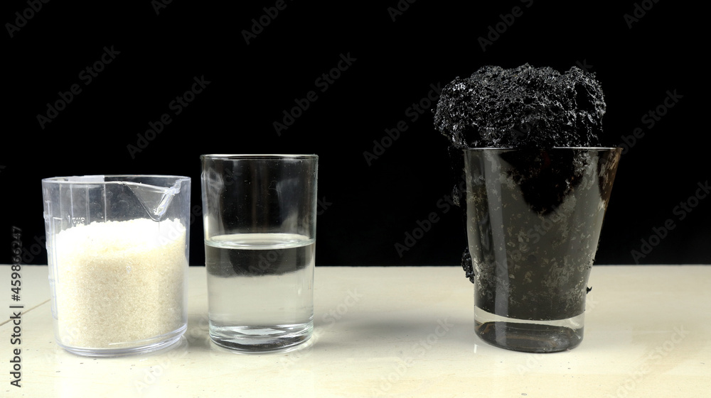 Sulfuric Acid and Sugar Chemical Reaction. Dehydration reaction of sugar by concentrated ...
