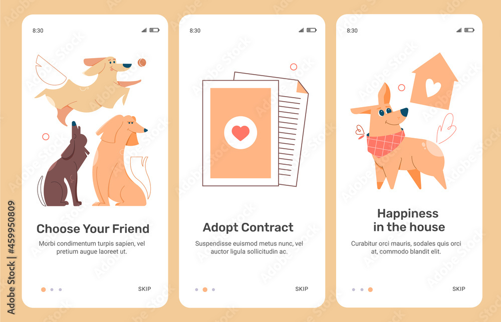 The concept of welcome screens for the application of a dog shelter ...