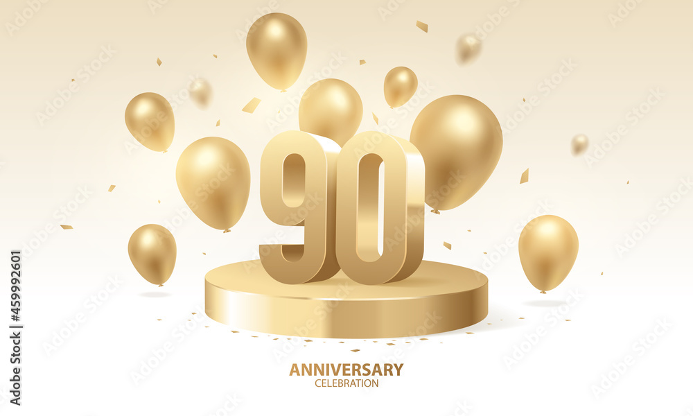 90th Anniversary celebration background. 3D Golden numbers on round ...