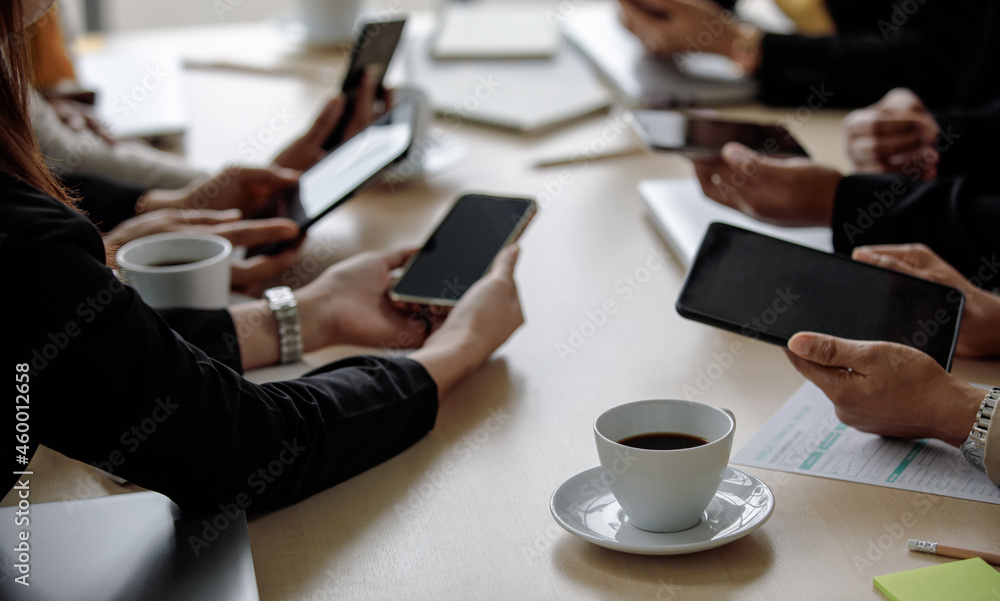 Unidentified unrecognizable businesspeople holding showing black blank ...