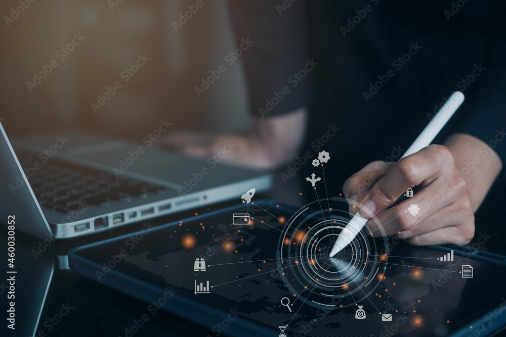 Woman Touching Screen Electronic Tablet Hand. pressing on virtual ...