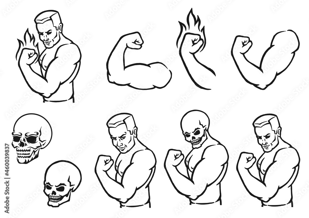 Male bodybuilder flexing his biceps. Outline silhouette. Design element ...
