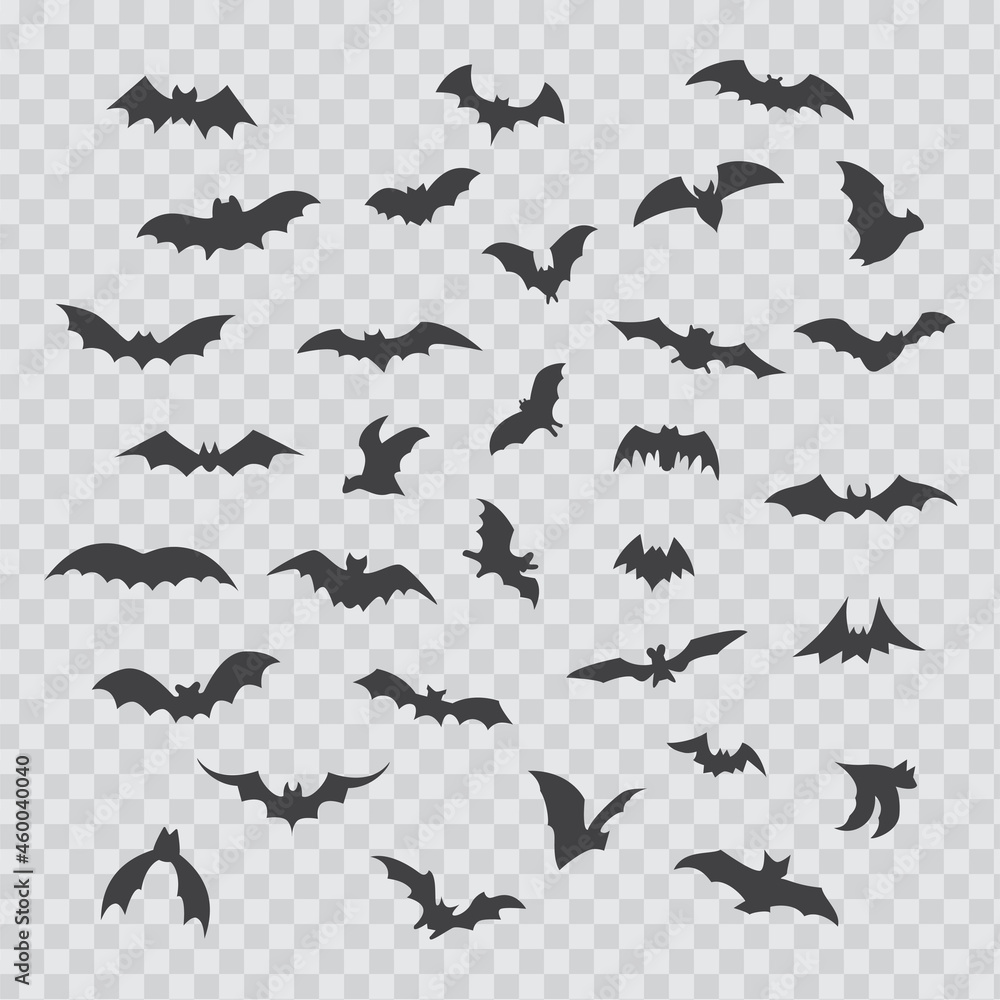 Bat icon set isolated on transparent background. Black bats silhouettes ...