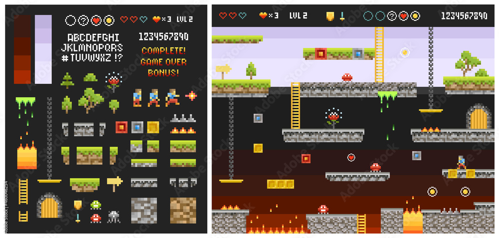 Pixel art 8-bit video game level design of texture patterns, grass ...