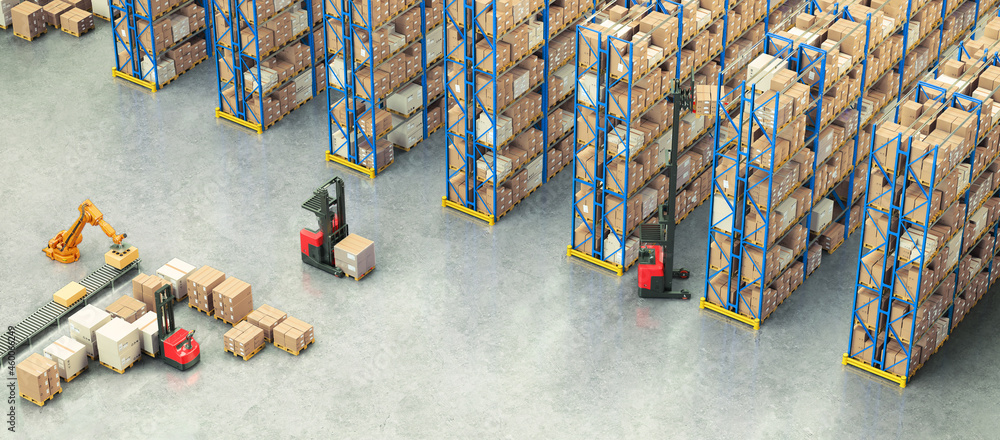 Warehouse Scene with High Shelves and Reach Fork Track. Logistics ...