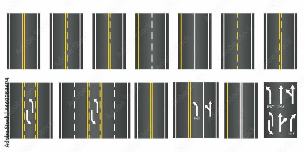 Roads with various white and yellow markings on a white background. Set ...