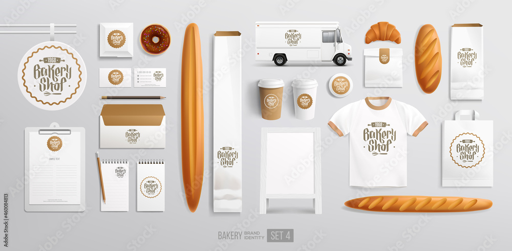 Bakery goods white brand identity with food package mock-up set vector ...