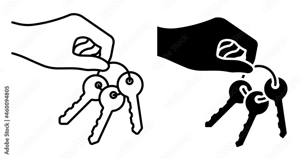 Linear icon. Hand of admin holds bunch of metal key of lock. Solving ...