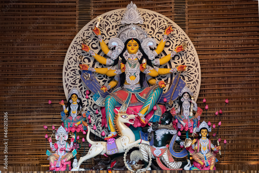 Idol of Goddess Devi Durga at a decorated puja pandal in Kolkata, West ...