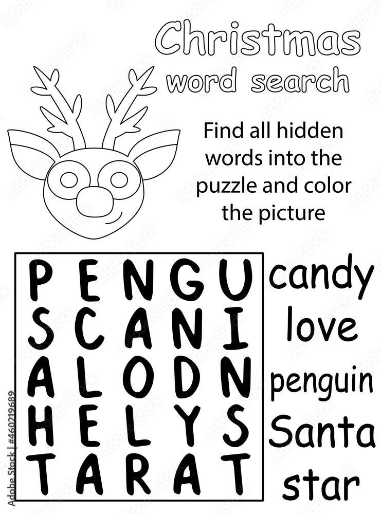 Help reindeer to find all hidden words into puzzle - activity page for ...