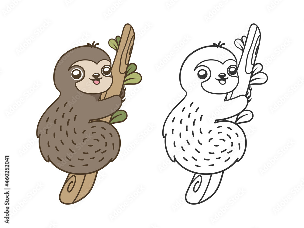 Cute happy sloth holding onto a branch line art outline clipart vector ...
