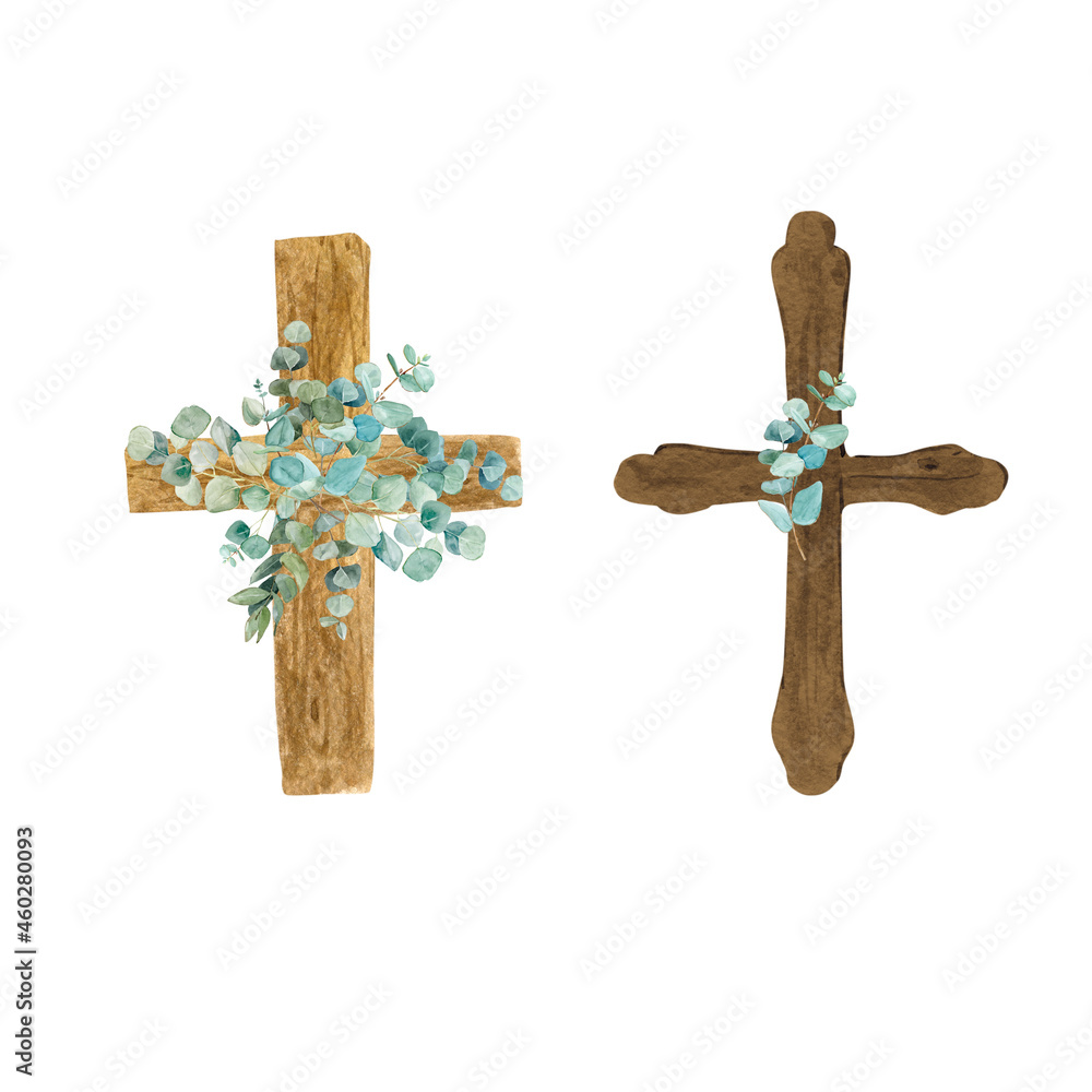 Easter catholic wooden crosses, watercolor illustration on white ...