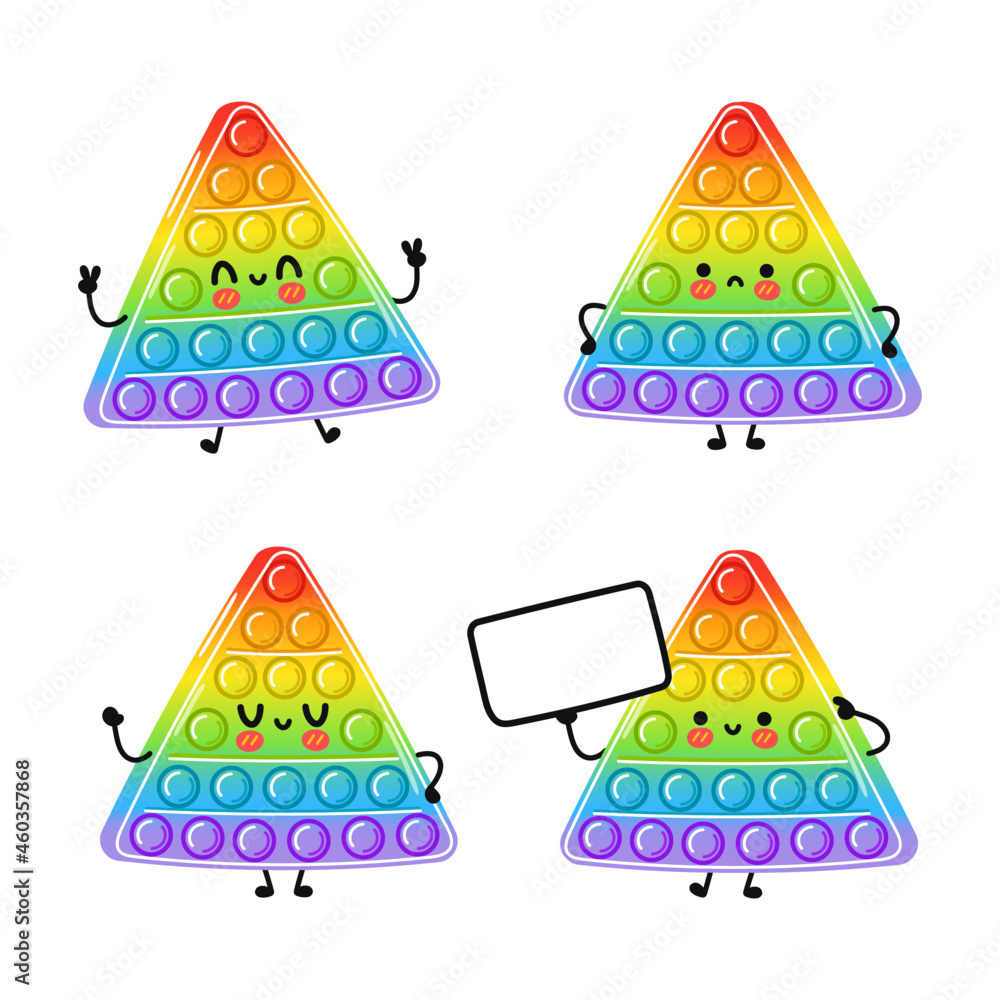 Funny cute happy popit characters bundle set. Vector kawaii line ...