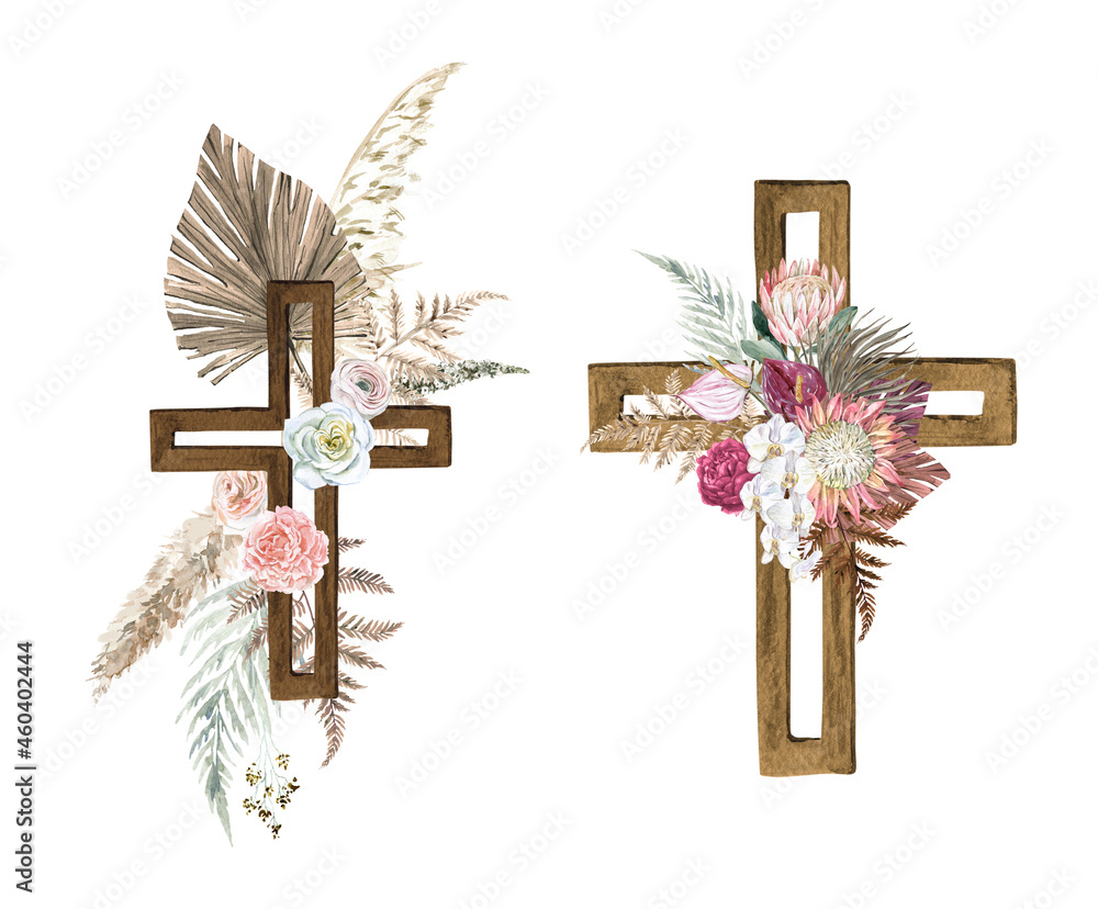Wooden boho watercolor cross with eucalyptus and tropical flowers on a ...