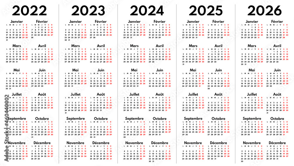 2022 2023 2024 2025 2026 full years french language calendar grids ...