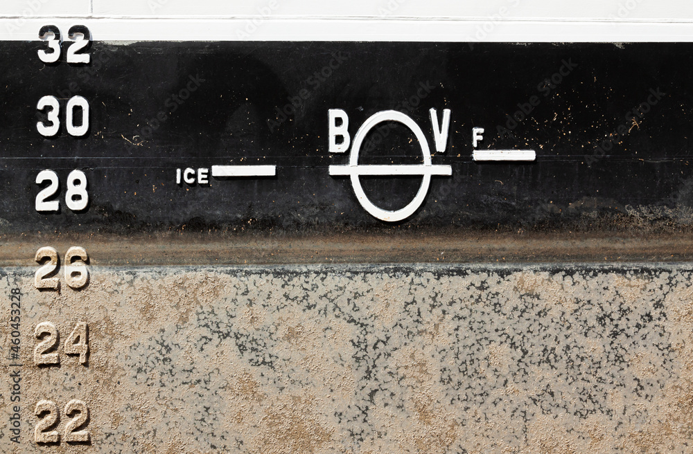 Part of the hull with waterline and load lines on the hull of the ferry ...