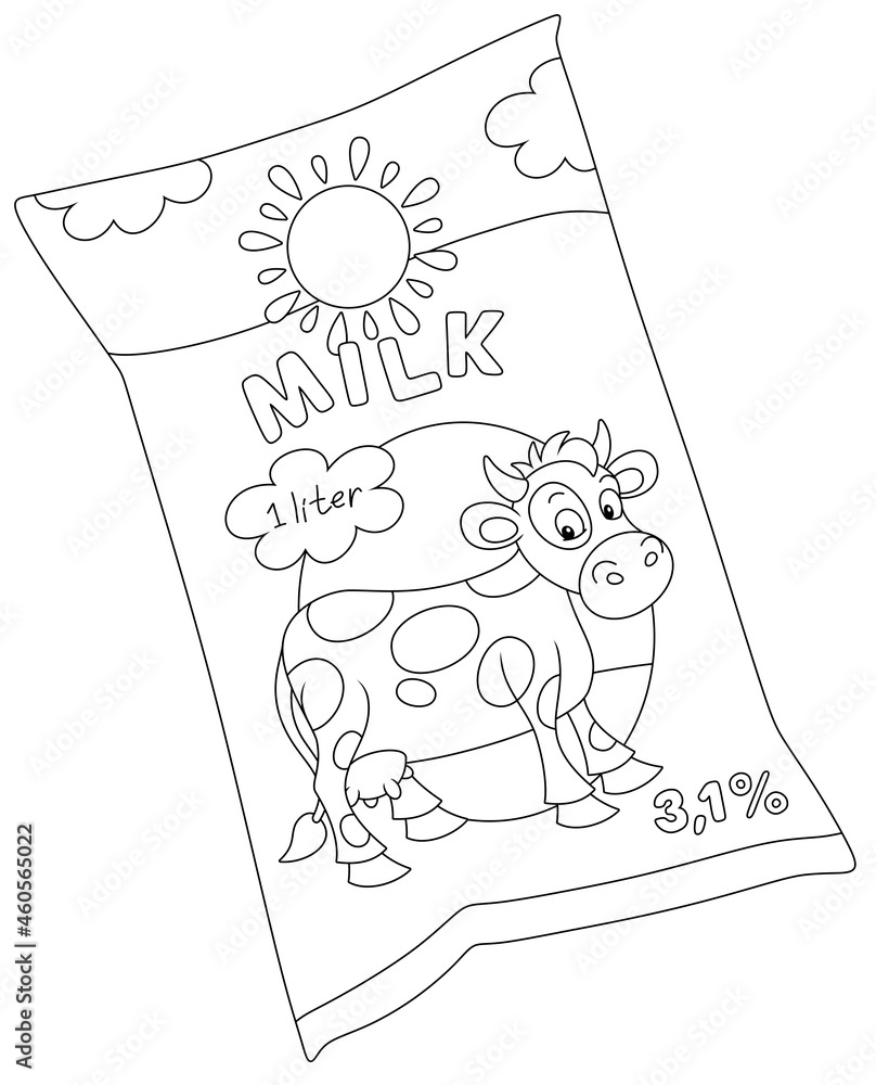 Funny design of a milk package with a happy spotted cow and a sun ...