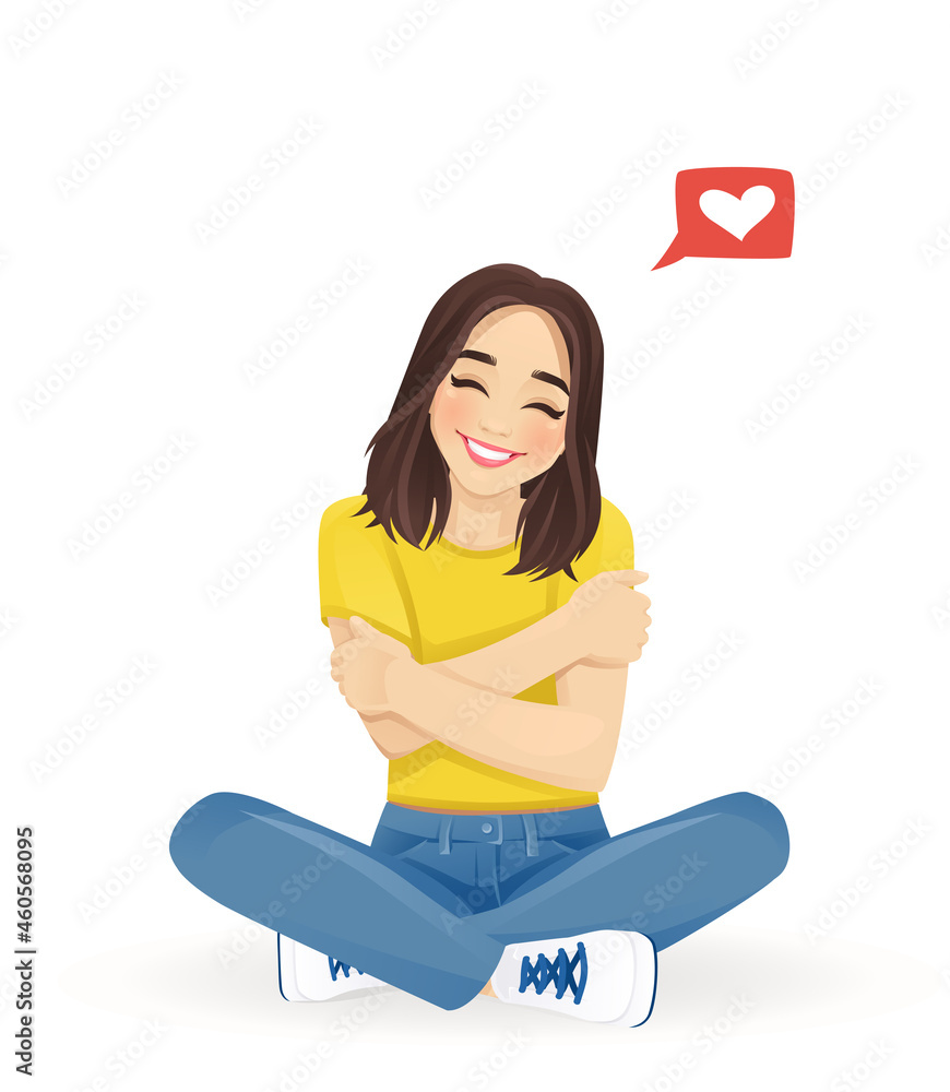 Happy cute young woman sitting crossed legs hugging herself with ...