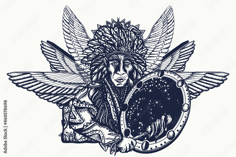 Old shaman and shamanic drums Native American Indian art. Ancient Maya ...
