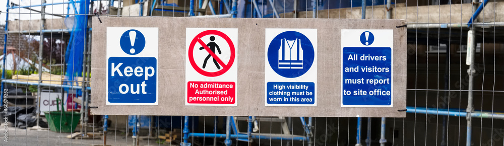 Construction site health and safety message rules sign board signage on ...