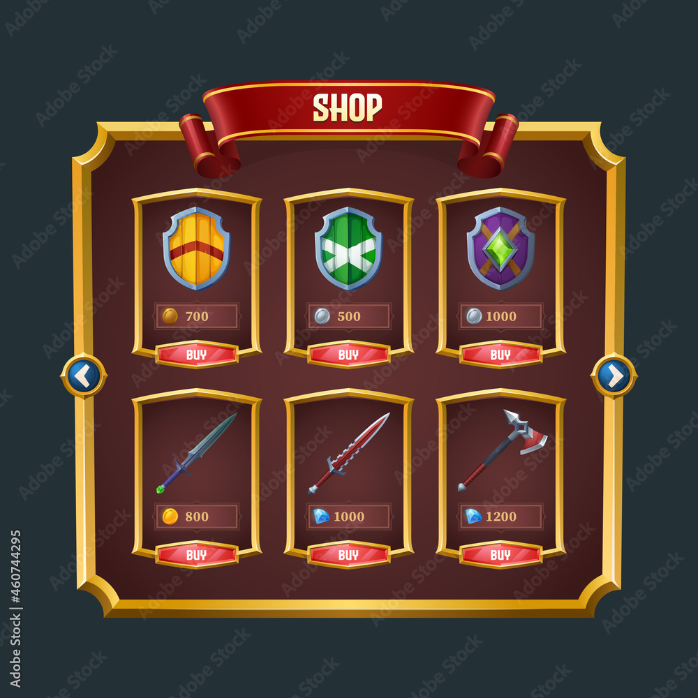 Game shop with medieval weapons and shields for viking, knight or ...