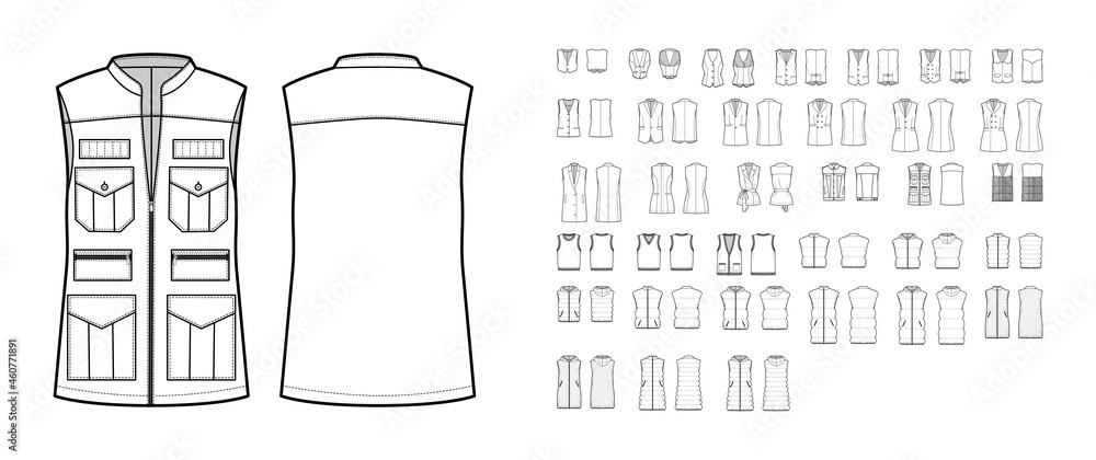 Set of vests waistcoat technical fashion illustration with sleeveless ...