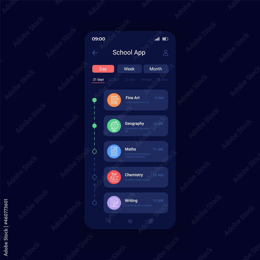 Learning courses list night mode smartphone interface vector template ...
