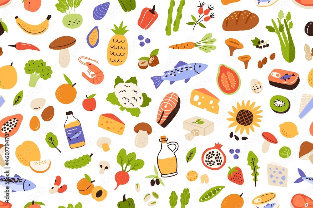 Healthy vitamin food pattern. Seamless background with organic fresh ...