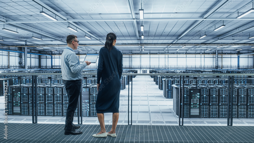 Data Center Female System Administrator and Male IT Specialist Talk ...