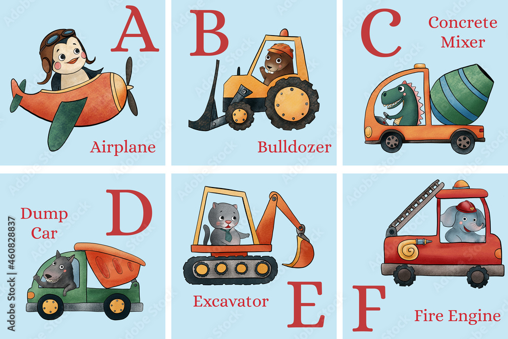 Abc letters with transport and animals for boys and girls. fire engine ...