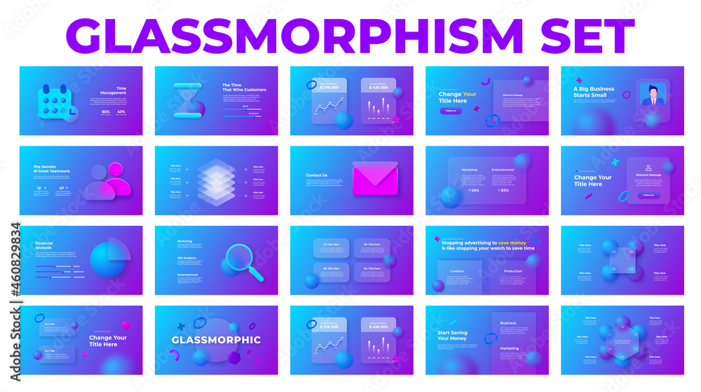 Twenty slides with glassmorphism style. Infographic illustrations set ...