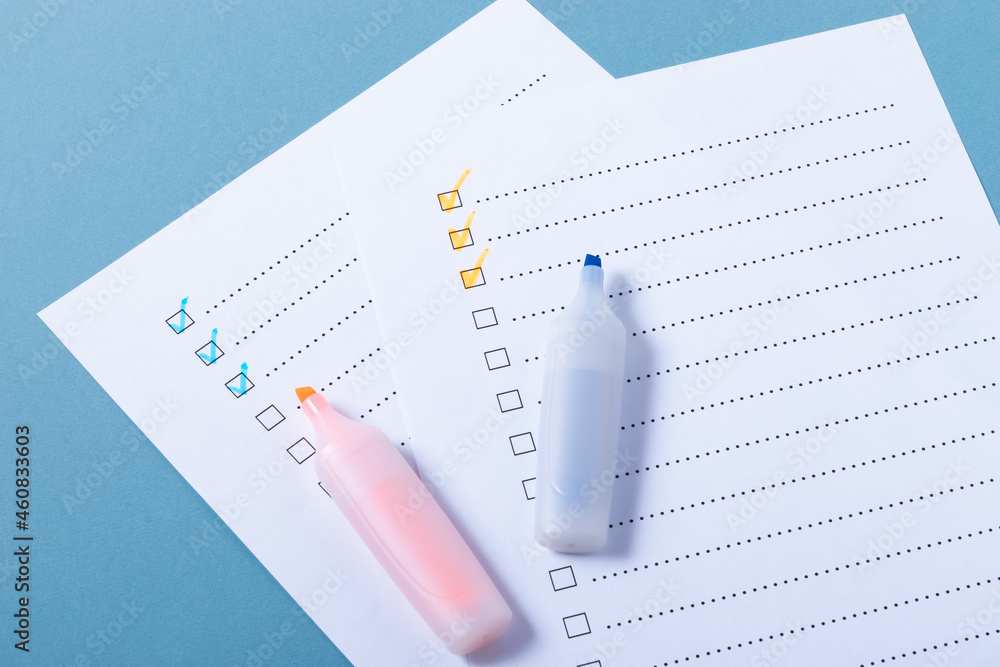 Check list with blue and orange marked points and markers on blue ...