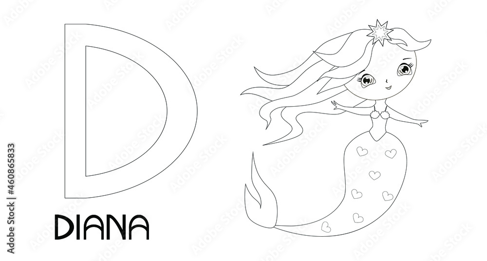 Princesses with names, alphabet letters for coloring. Name Diana. Stock ...