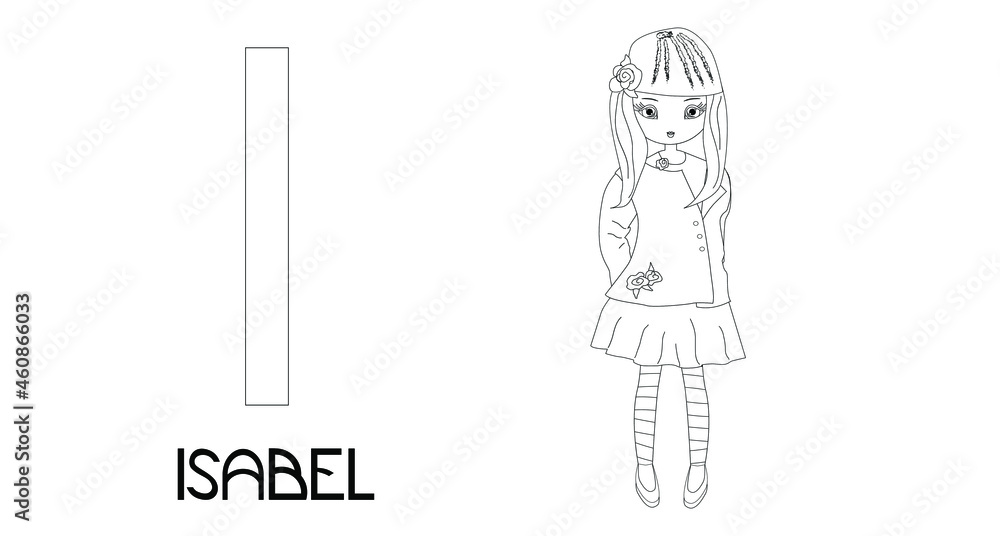 Vetor Princesses with names, alphabet letters for coloring. Name Isabel ...