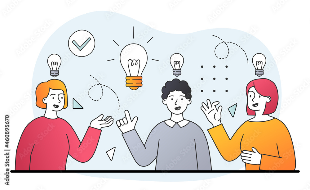 Concept of teamwork. Man and women collect opinions, brainstorming ...
