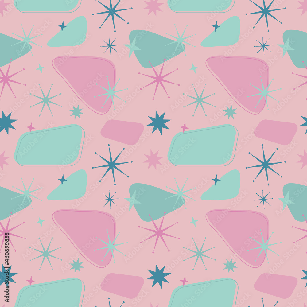 1950s pink and mint green abstract seamless vector pattern. Retro ...