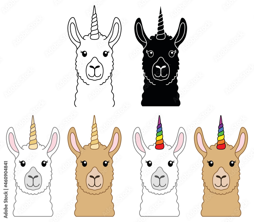 Llama with Unicorn Rainbow Horn Clipart Set - Outline, Silhouette and ...