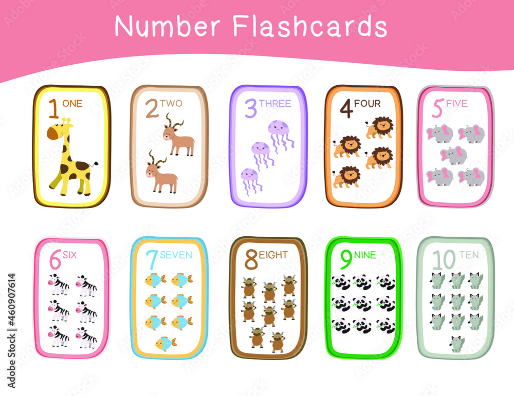 Cute number flashcards with animals set. English counting 1 to ten ...