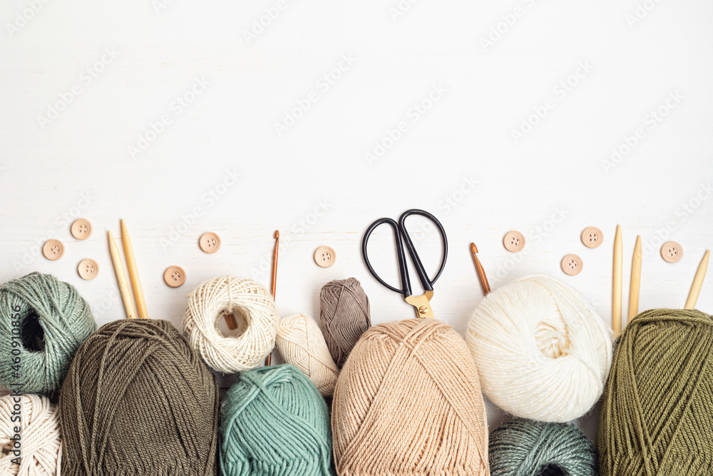 Craft hobby background with yarn in natural colors. Recomforting ...