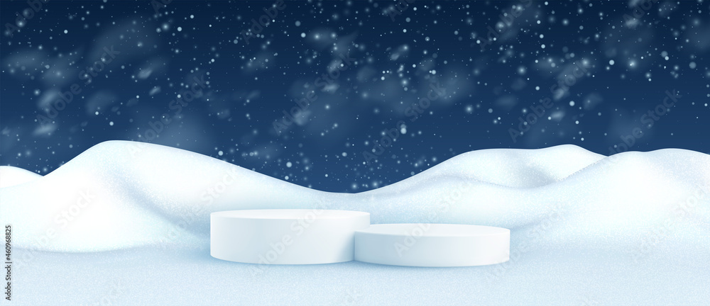 Winter landscape with snow drifts and product podium scene. 3D ...