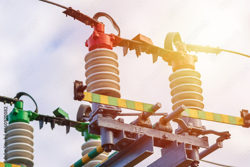 High voltage circuit electric breaker in a power substation.Closeup of ...