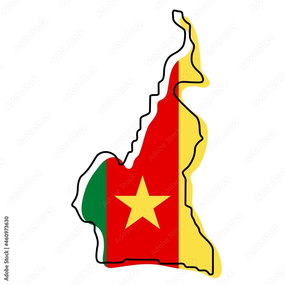 Stylized outline map of Cameroon with national flag icon. Flag color ...