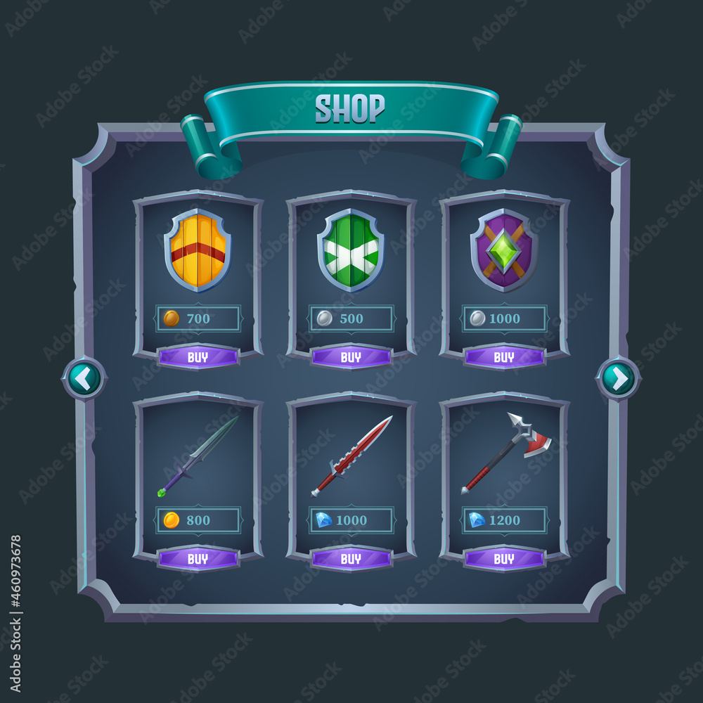 Rpg game shop menu panel with medieval weapon, swords, axe and shields ...