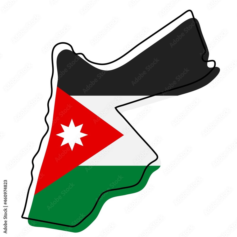 Stylized outline map of Jordan with national flag icon. Flag color map ...