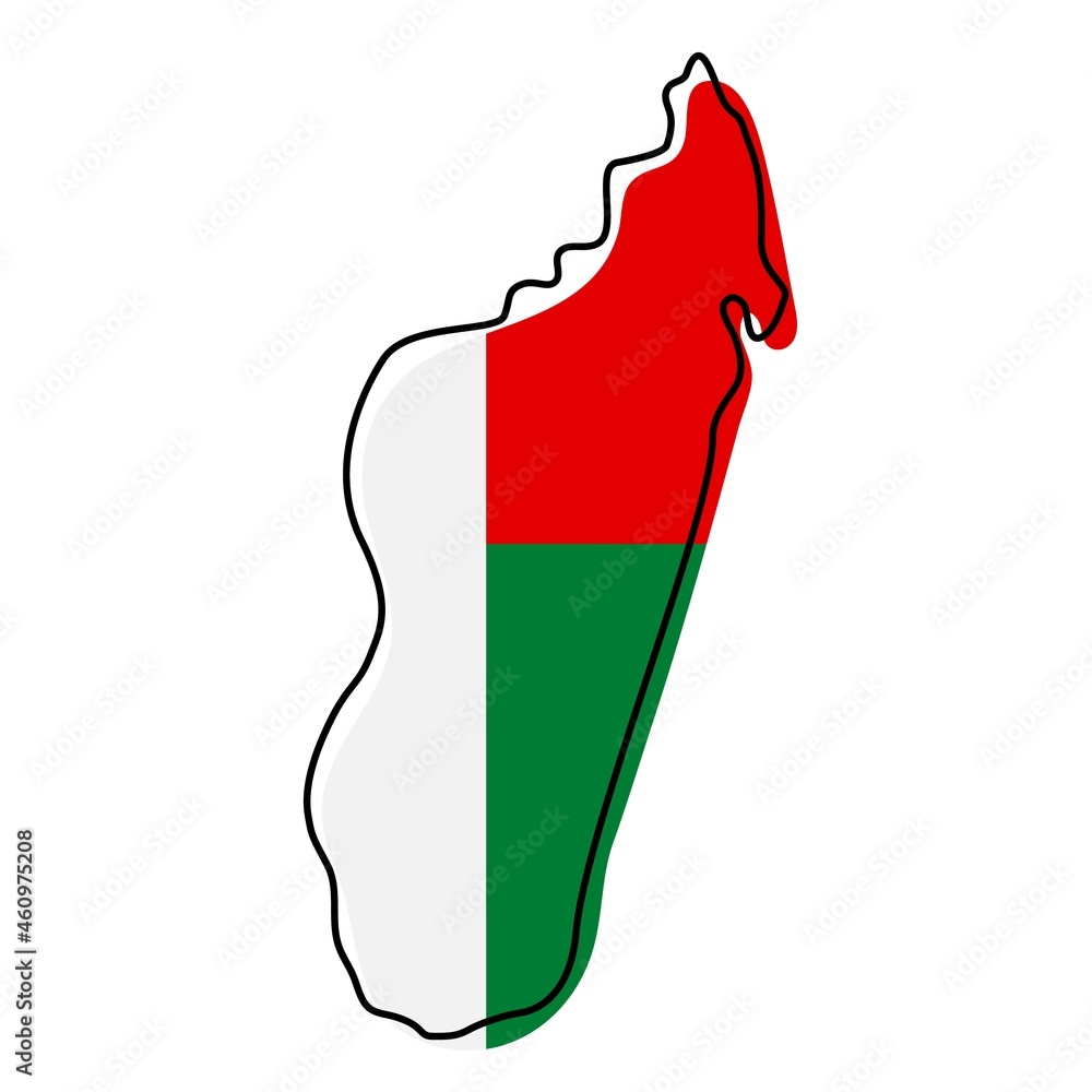 Stylized outline map of Madagascar with national flag icon. Flag color ...