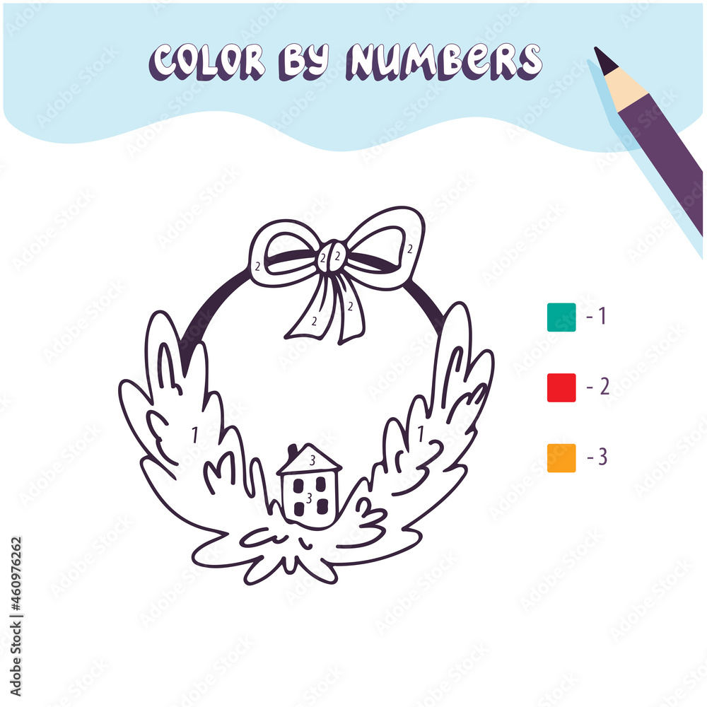 Coloring page with cute Christmas wreath Color by numbers. Educational ...